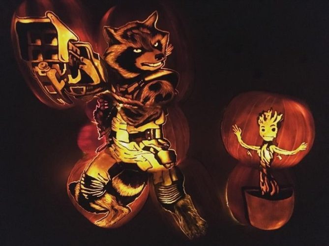 Rocking Rocket Raccoon and Groot Pumpkins - Between The Pages Blog